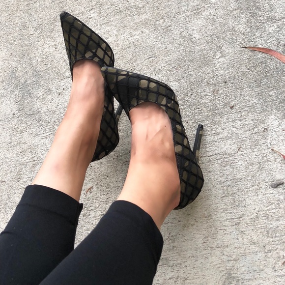 Shoes | Army Green Camo Fishnet Contrasted Stiletto Pumps | Poshmark